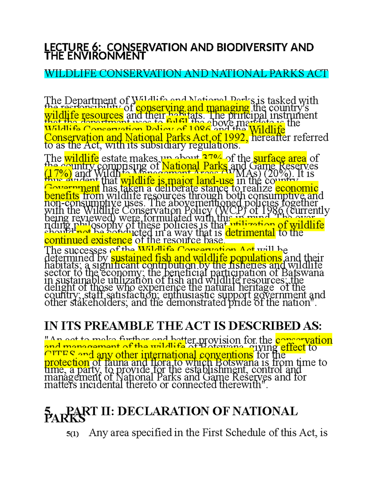 Wildlife Conservation Act & National Parks Regulations Summary (ENV1001 ...