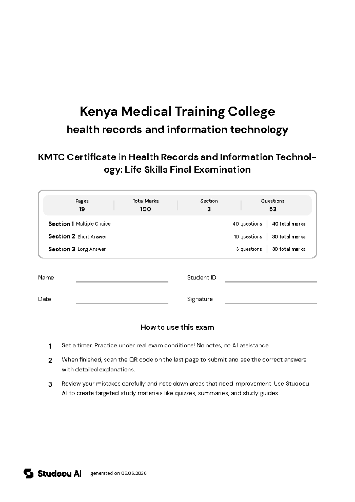 KMTC Health Records Life Skills Final Exam - Studocu