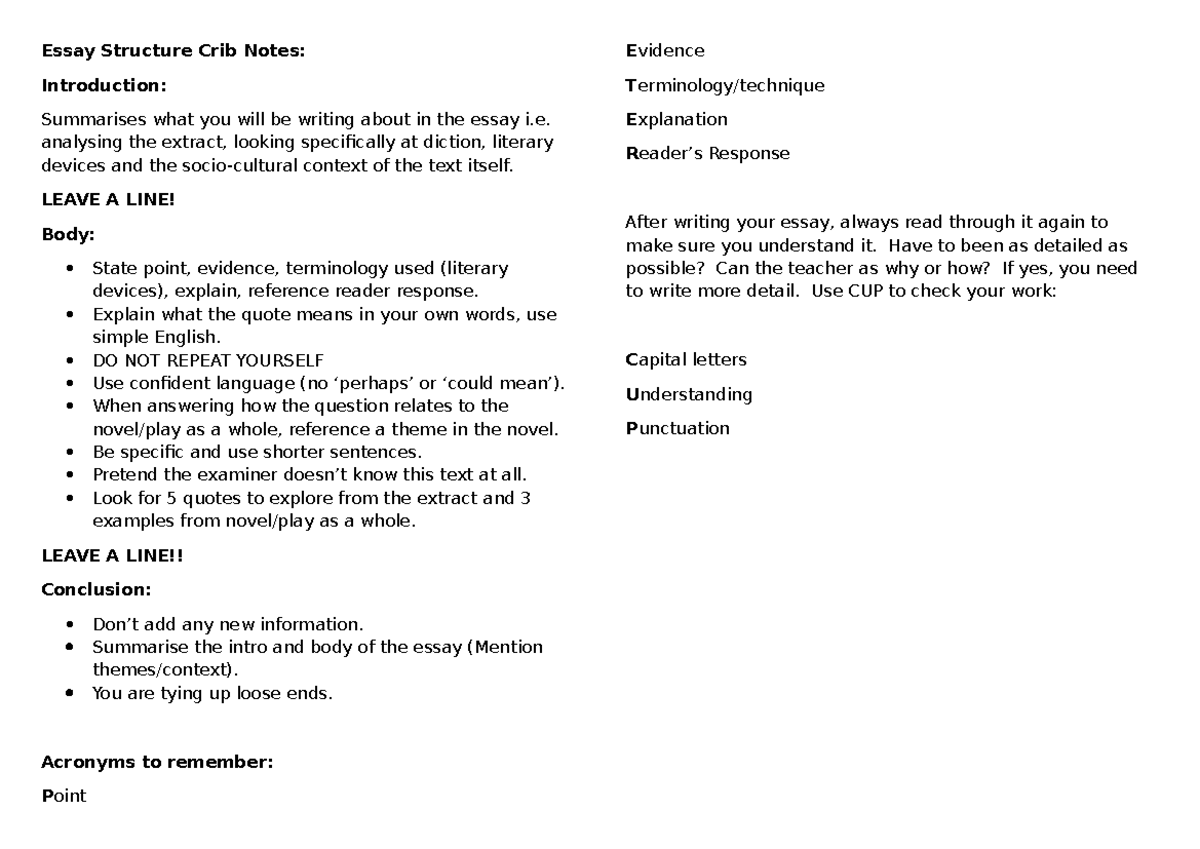 Essay Writing Cheat Sheet - Essay Structure Crib Notes: Introduction ...
