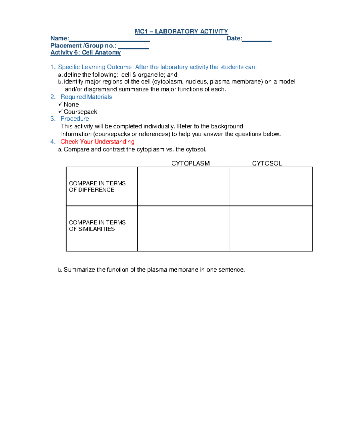 MC1 LAB Activity 6: Exploring Cell Anatomy and Tissues in Biochemistry ...