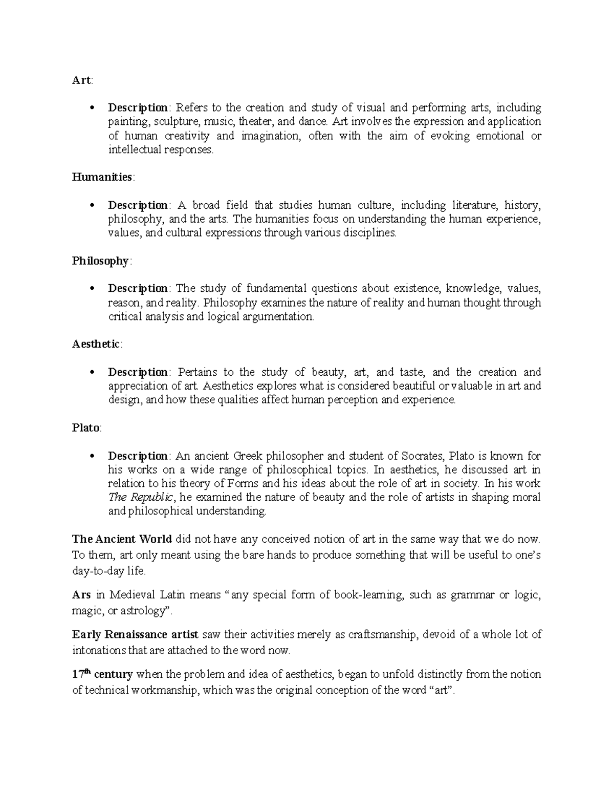 Art and Humanities: Comprehensive Overview and Key Concepts (PRELIM ...