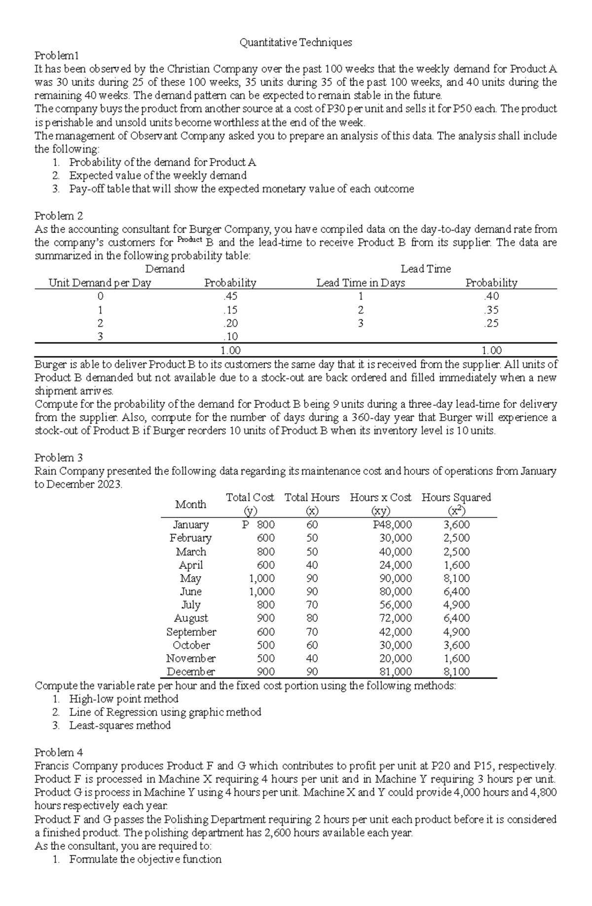 Quantitative Techniques Analysis for Product Demand and Cost Evaluation - Studocu