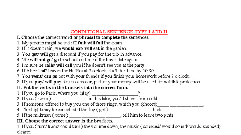 Conditional Sentences Practice: Type I & II Exercises (ENG 101) - Studocu