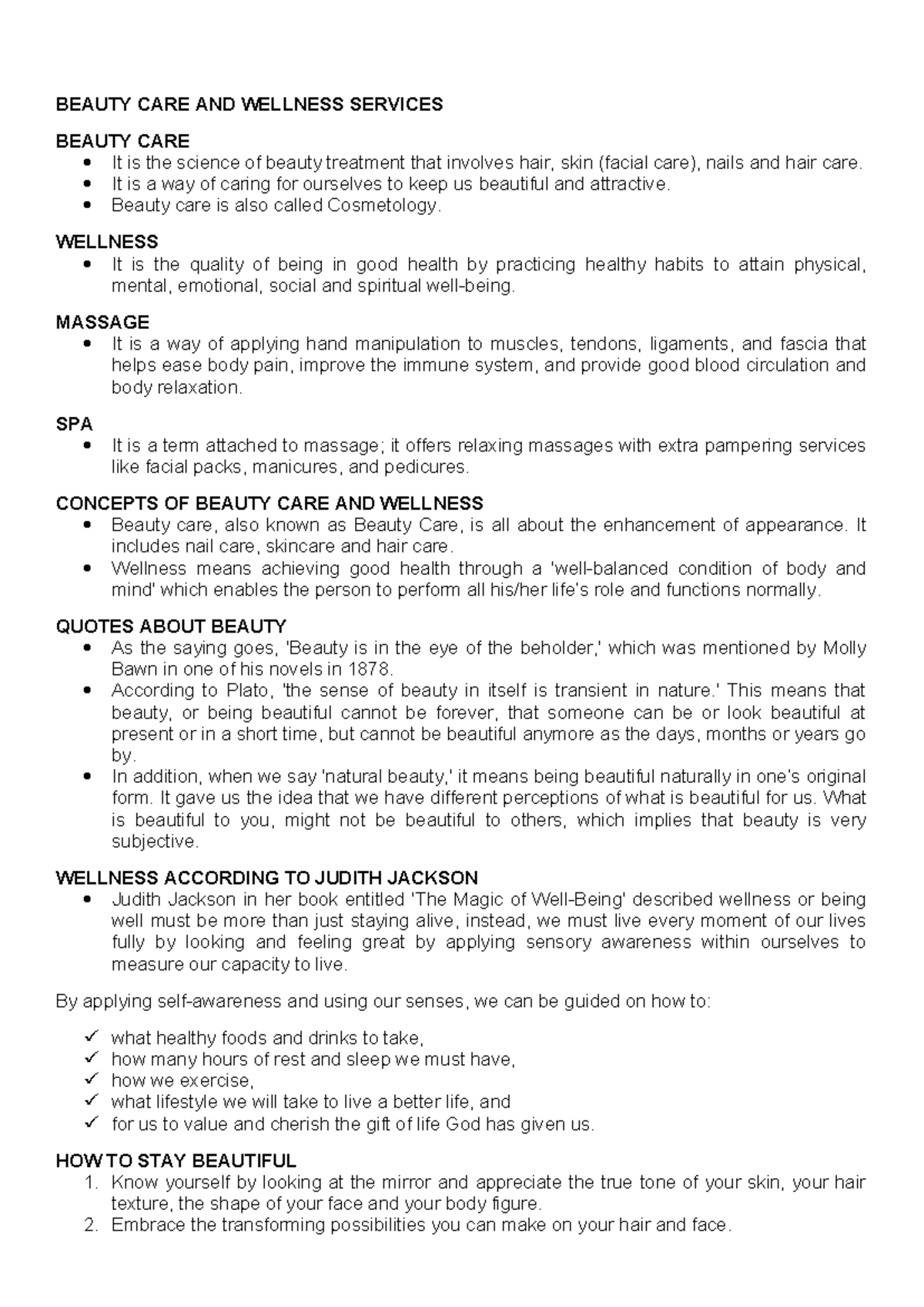 TLE8 Beauty Care and Wellness: Student Notes on Self-Care - Studocu