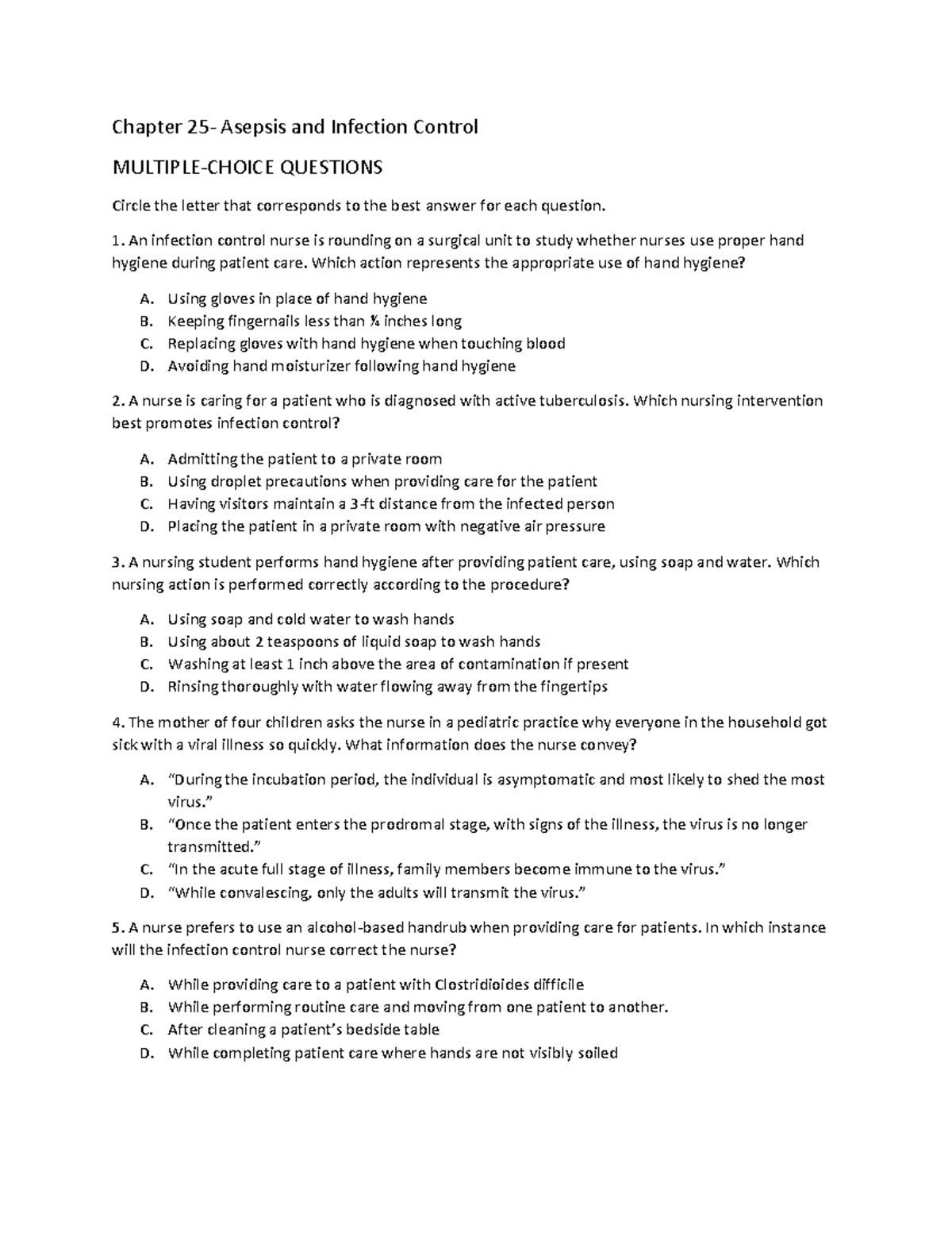 Study Guide for Ch. 25: Asepsis & Infection Control Concepts - Studocu