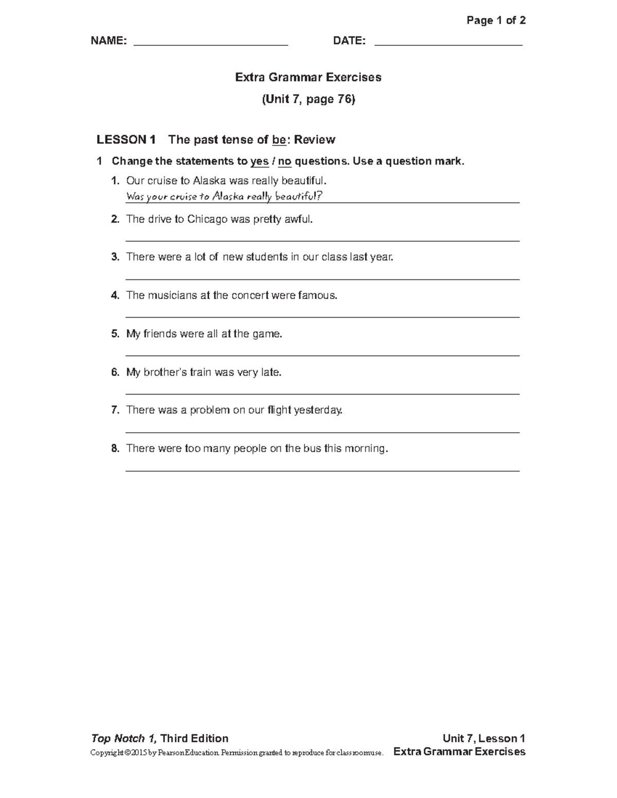 Top Notch 1, Unit 7, Lesson 1: Extra Grammar Exercises on Past Tense ...