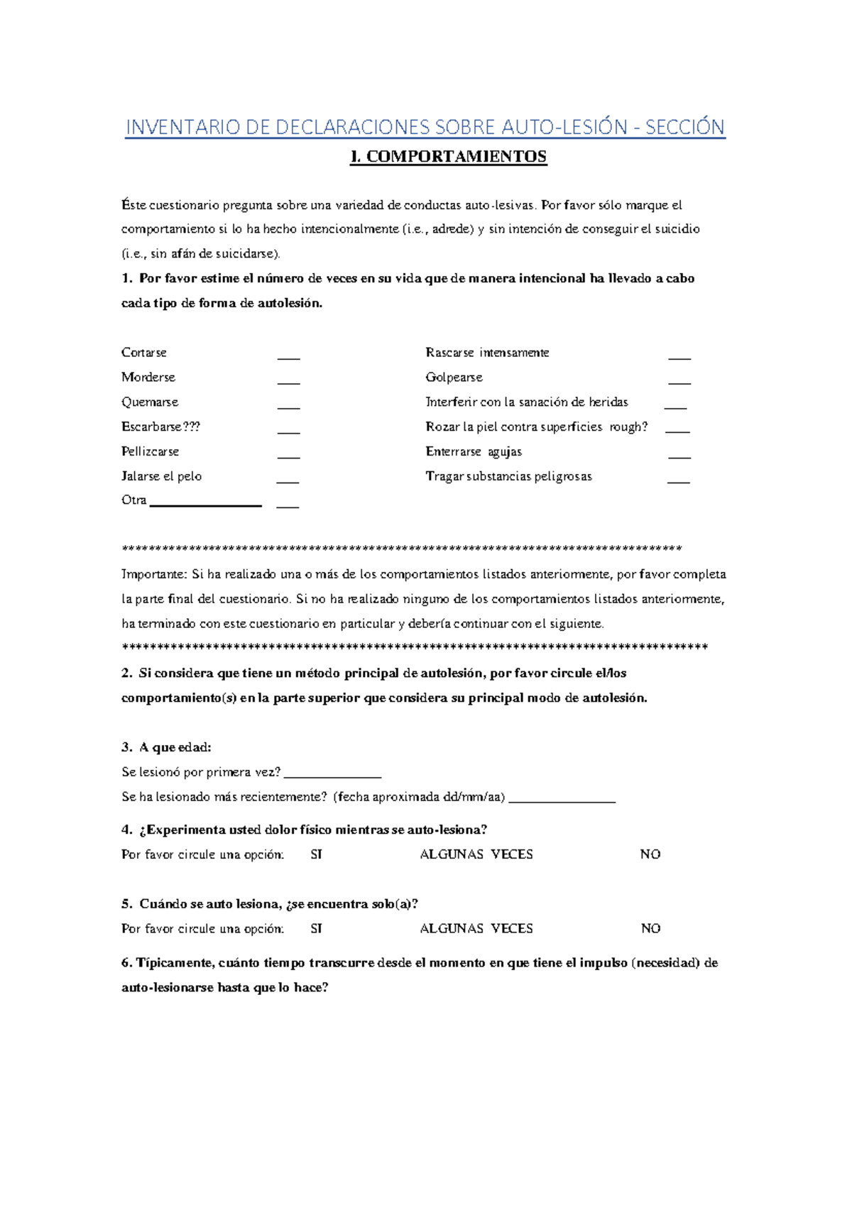 Inventario de Auto-lesiones: Comportamientos y Funciones (Sección I y ...