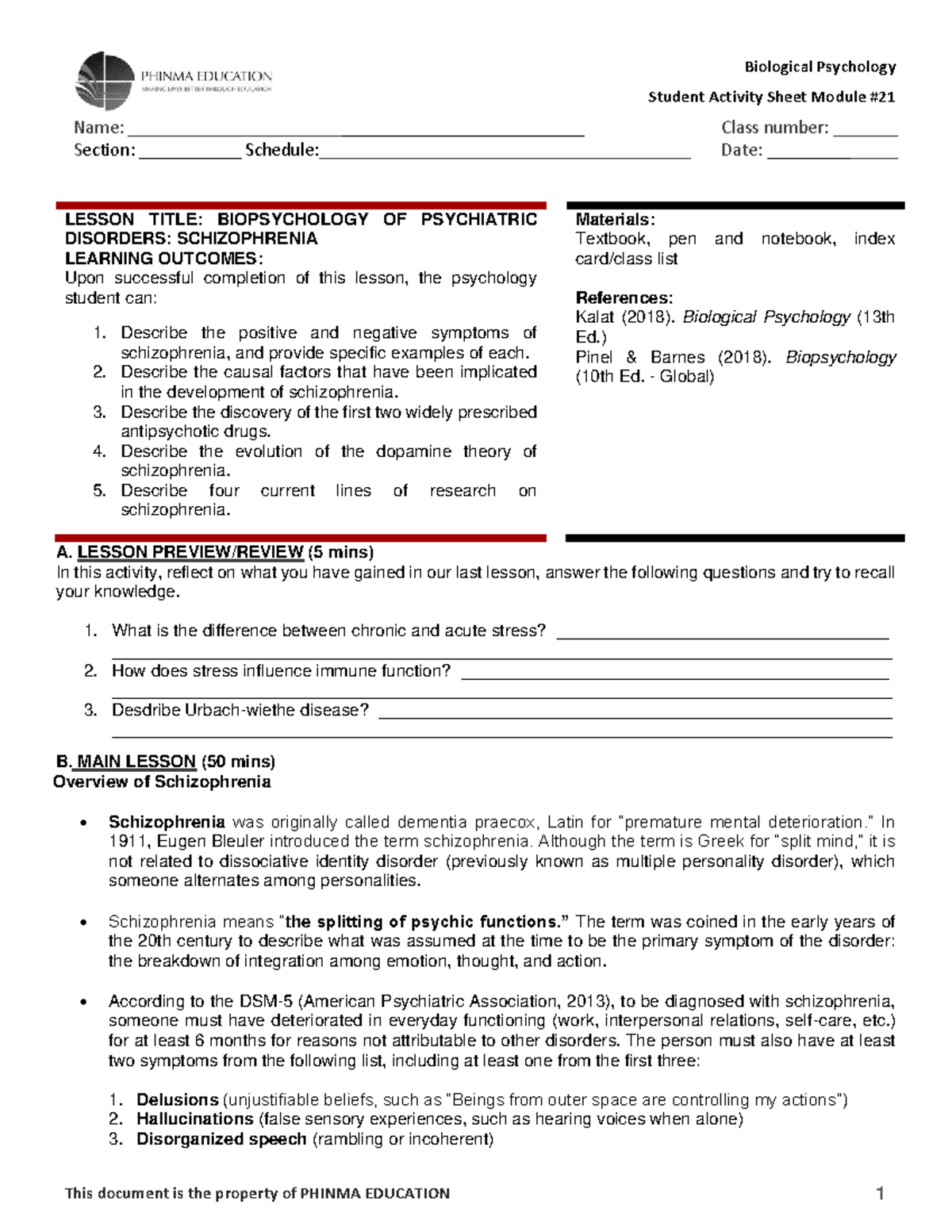 SAS Module 21: Biopsychology of Schizophrenia - Lesson Overview and ...