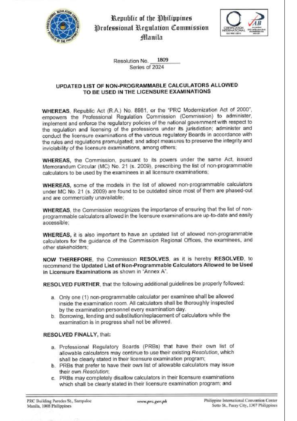 PRC Resolution No. 1809 (s. 2024): Updated Calculator Guidelines for ...