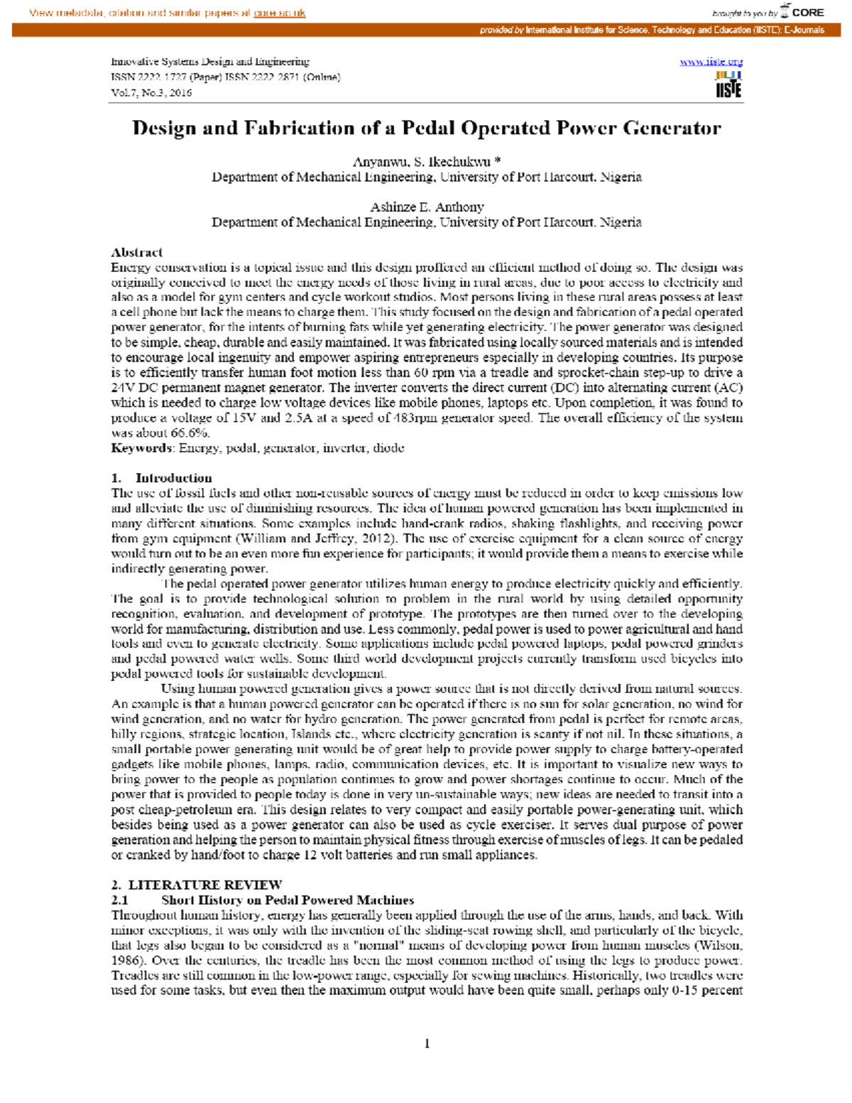Design and Fabrication of a Pedal Operated Power Generator (IISTE ...