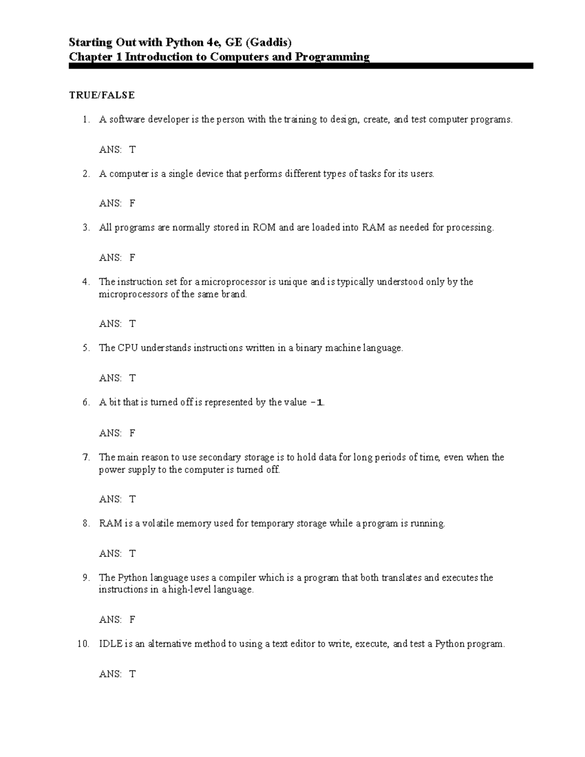 Python 4e Gaddis Chapter 1: Intro to Computers & Programming - Studocu