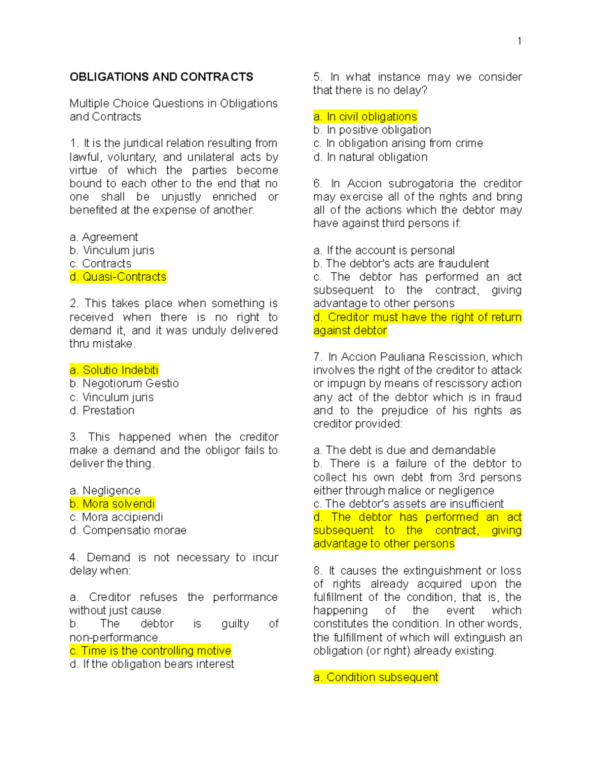 OBLI CON Reviewer - OBLIGATIONS AND CONTRACTS Multiple Choice Questions in Obligations and ...