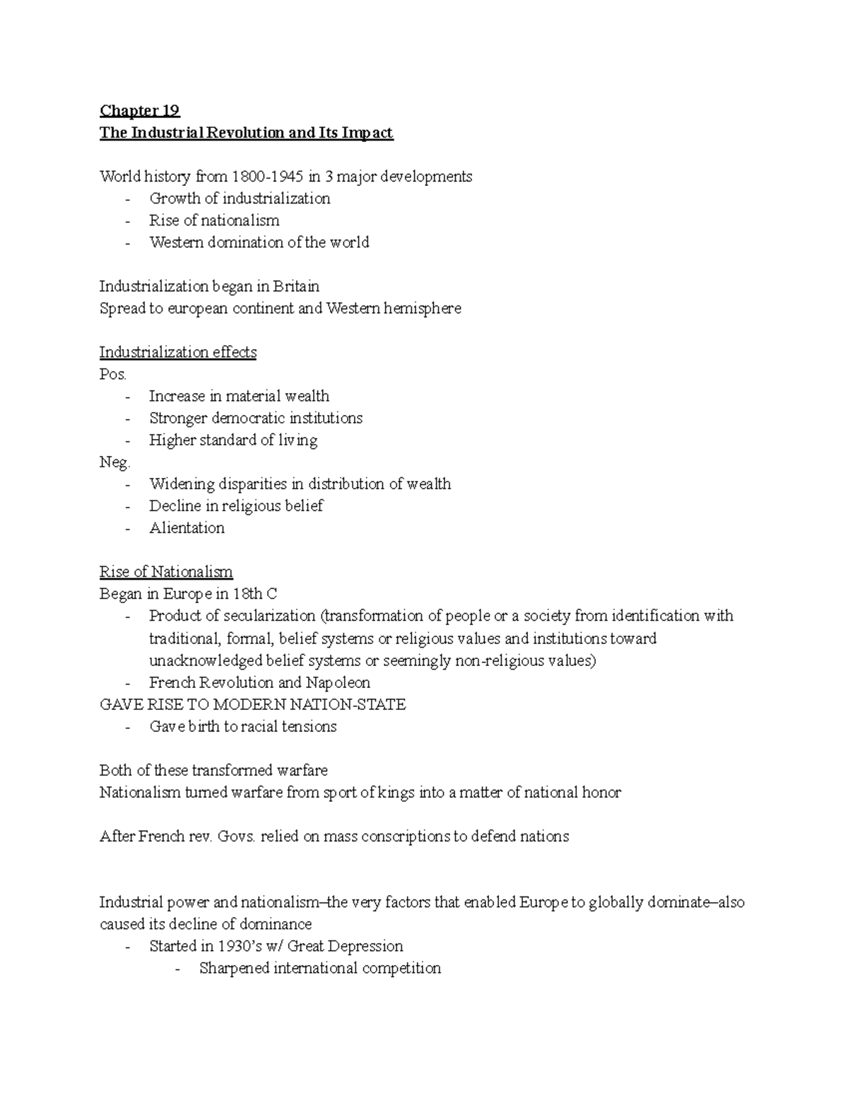 World History Chapter 19: The Industrial Revolution's Impact (1800-1945 ...