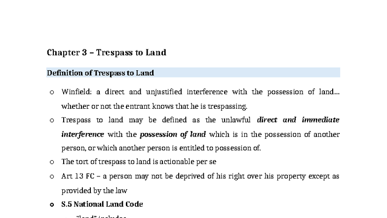 Chapter 3 - Trespass to Land: Definition, Elements, and Case Law - Studocu