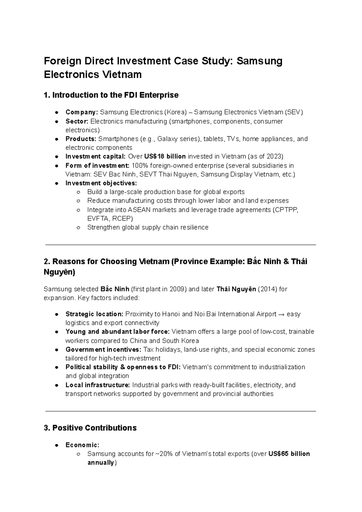 FDI Case Study: Samsung Electronics in Vietnam - Lecture Notes - Studocu