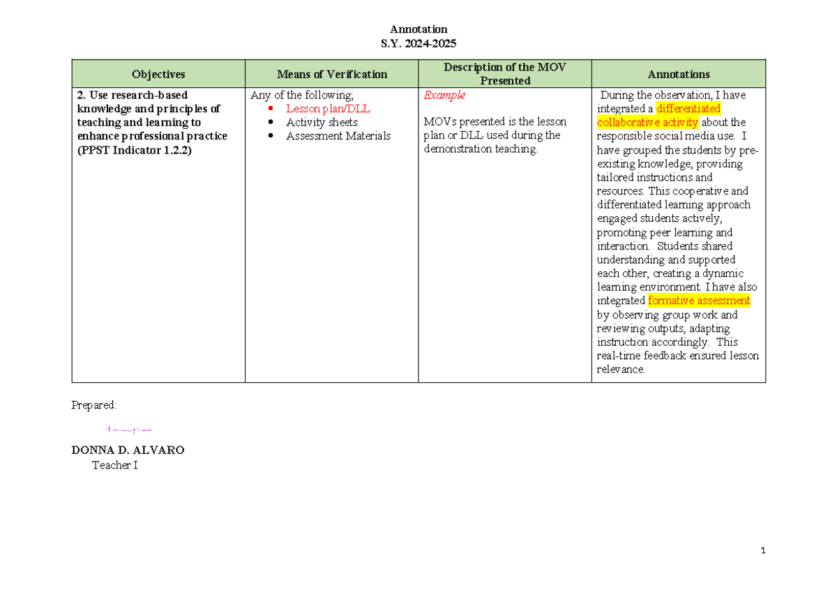 Annotations S.Y. 2024-2025: Enhancing Teaching Practices & MOVs - Studocu