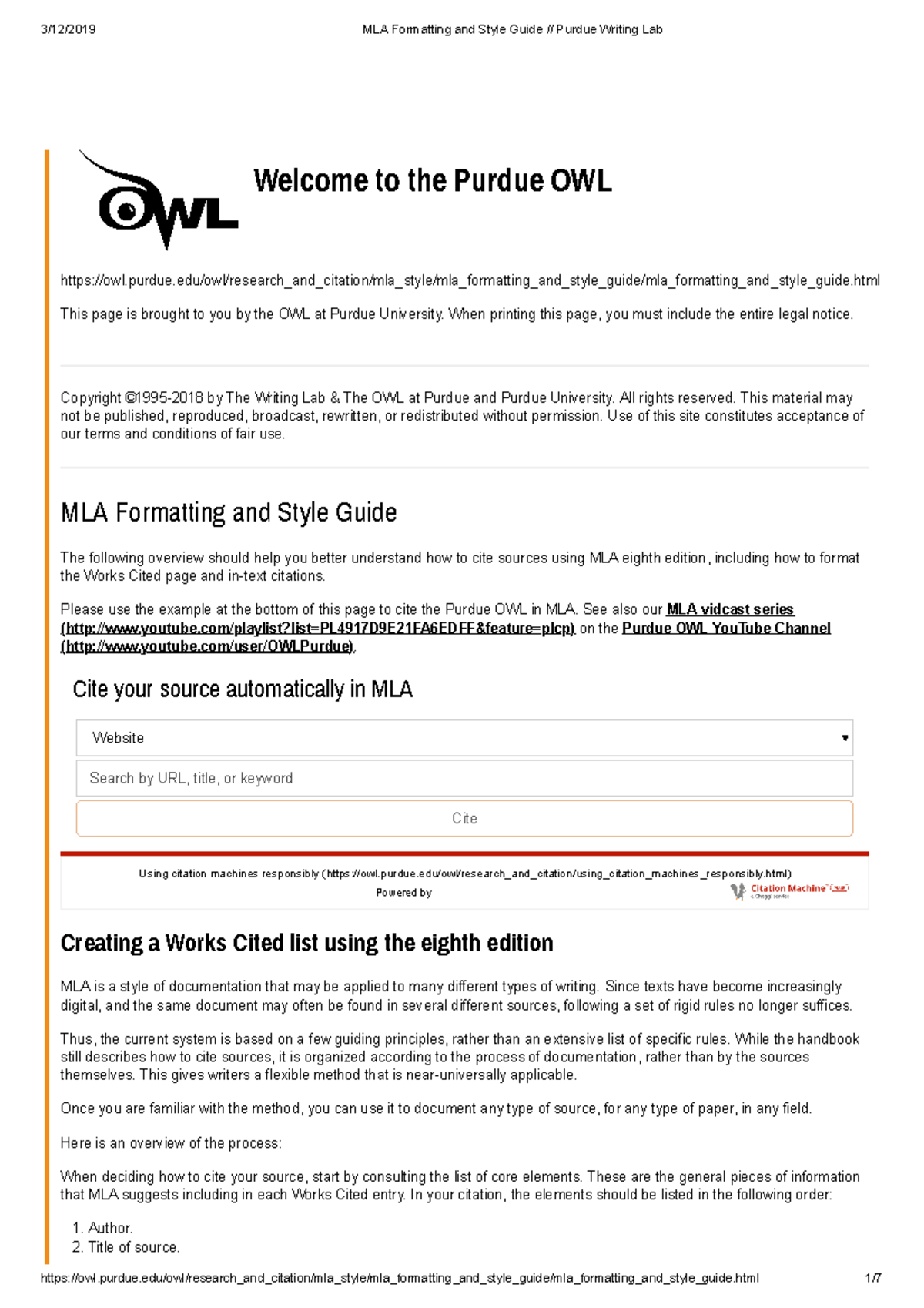 MLA Formatting and Style Guide Purdue Writing Lab - Welcome to the ...