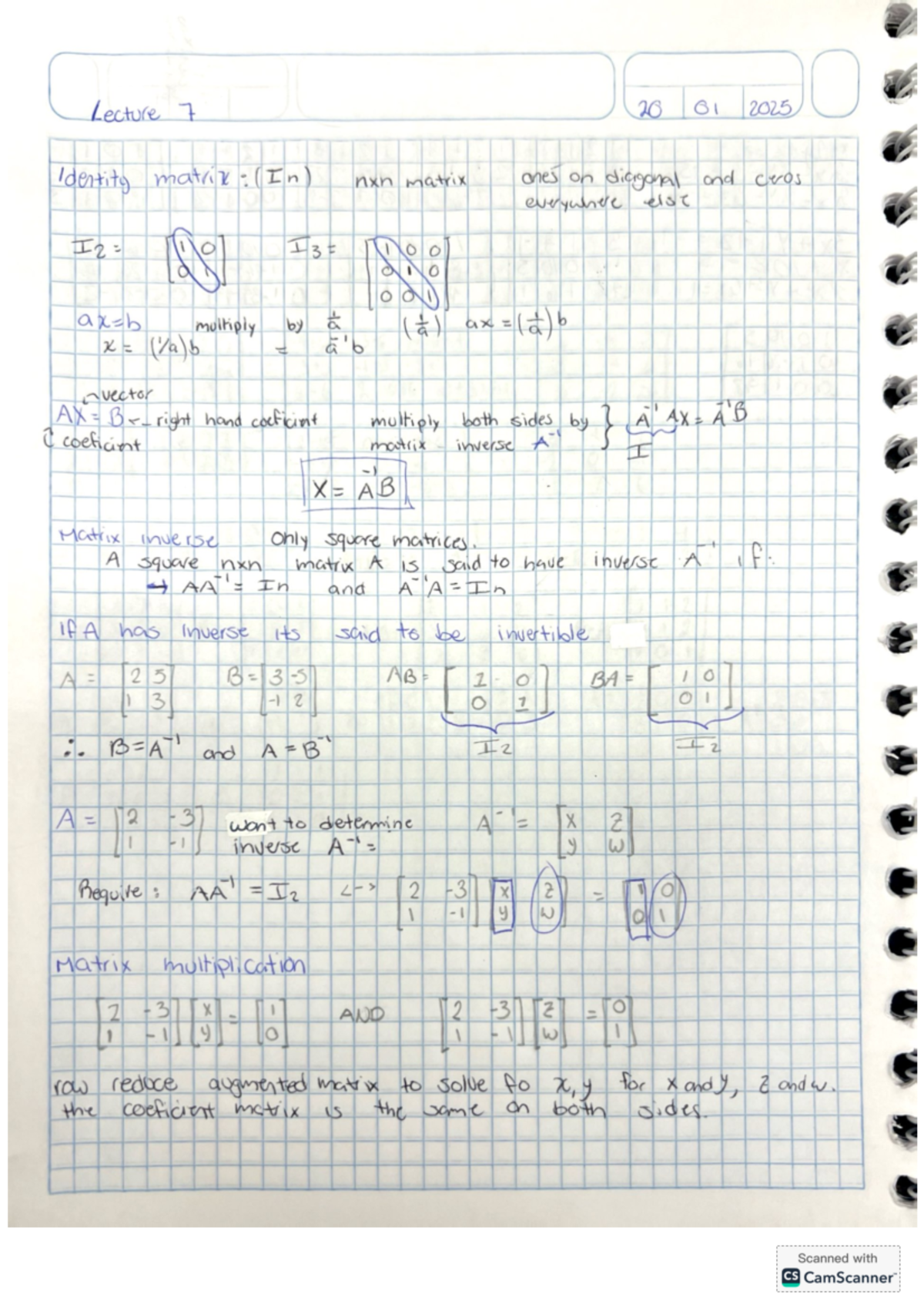 Lecture 7 Notes: Identity Matrix & Matrix Inversion Concepts - Studocu