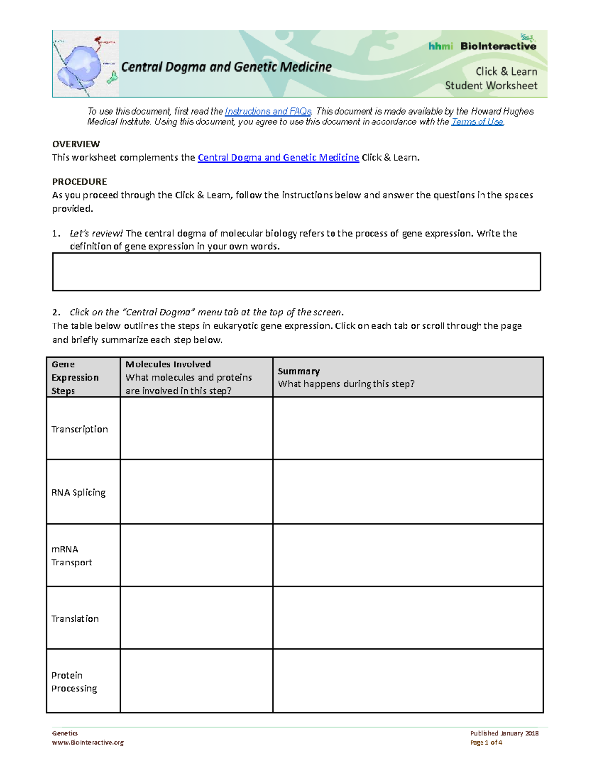 Central Dogma & Genetic Medicine Worksheet (BIOL 101) - Studocu