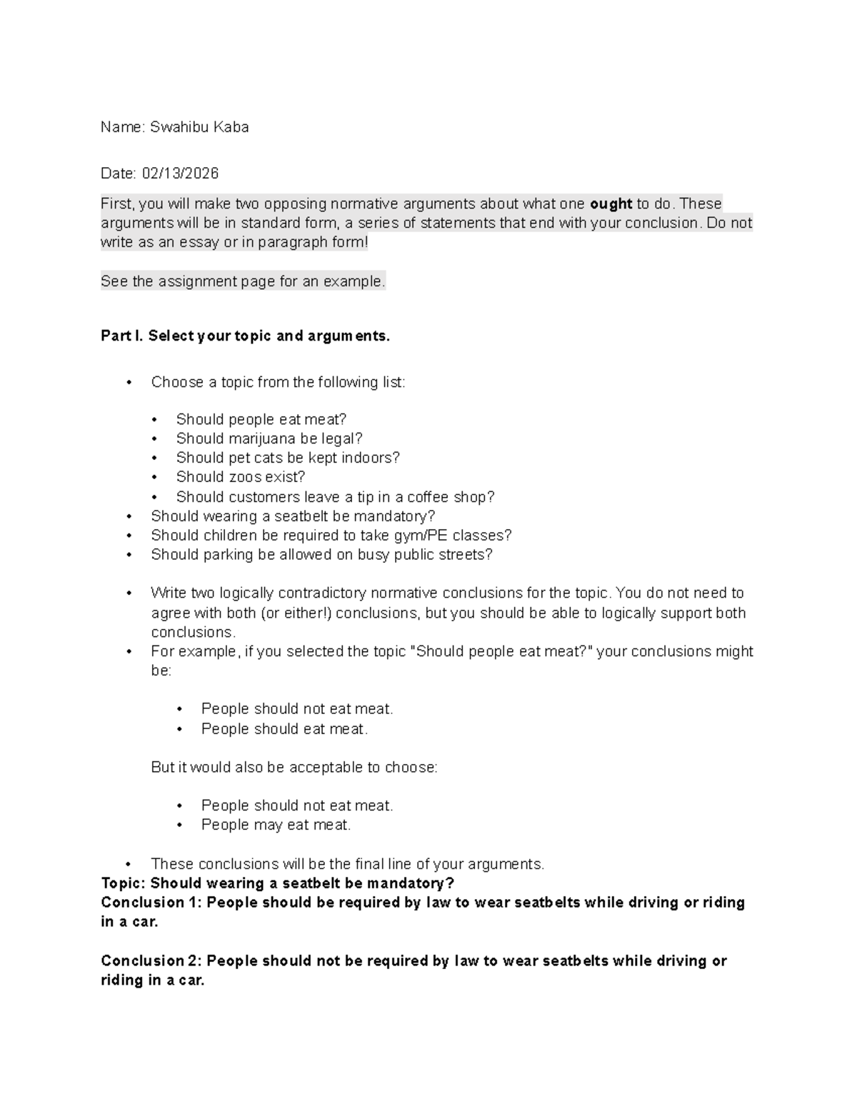 Critical Thinking Touchstone 4: Normative Arguments on Seatbelt Laws ...