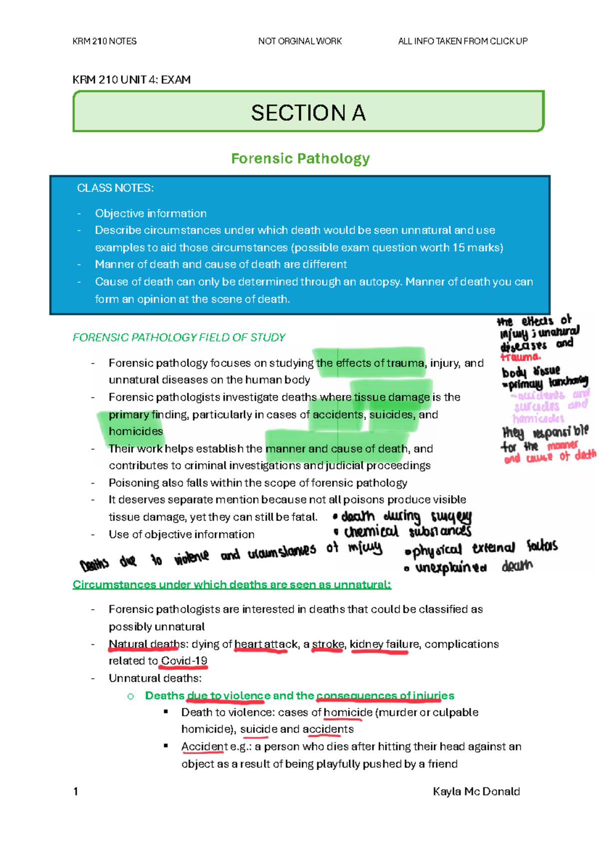 KRM 210 UNIT 4 EXAM NOTES: Forensic Pathology Key Points - Studocu