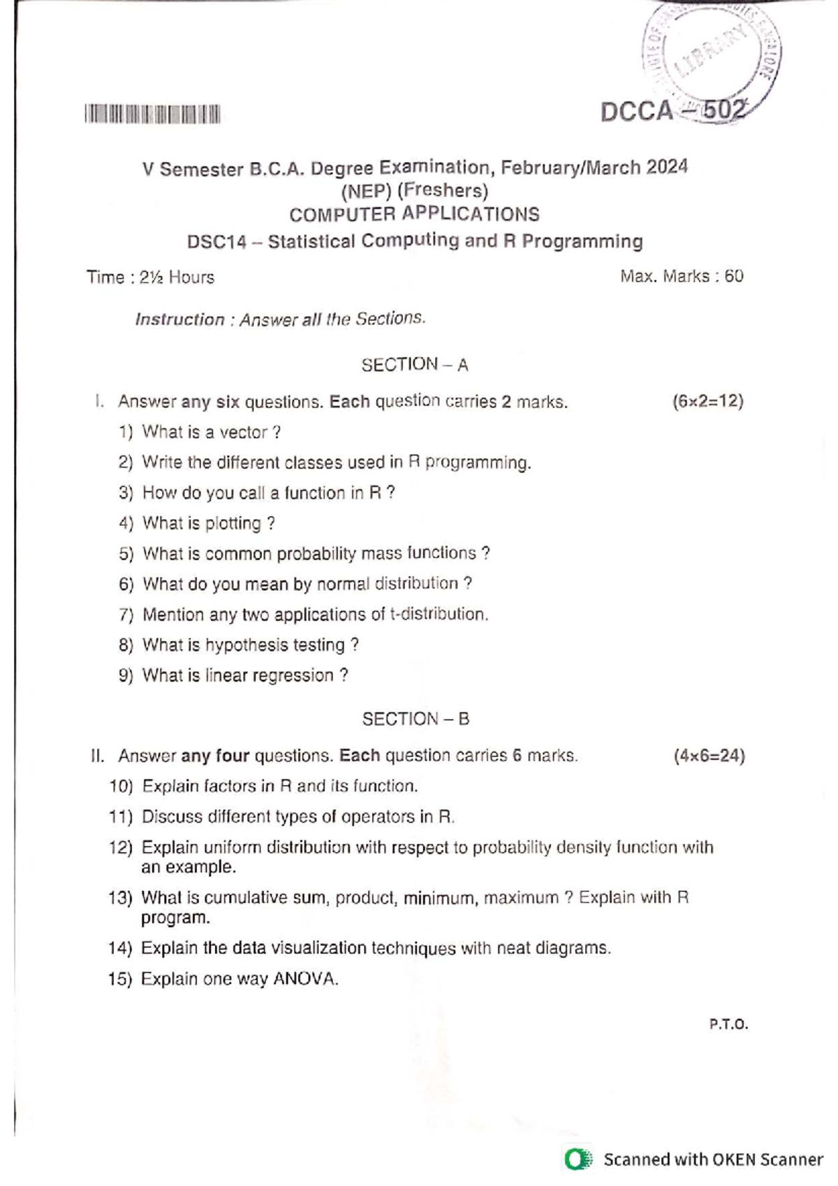 DCCA 502 V Sem BCA Exam 2024: Statistical Computing & R Programming ...