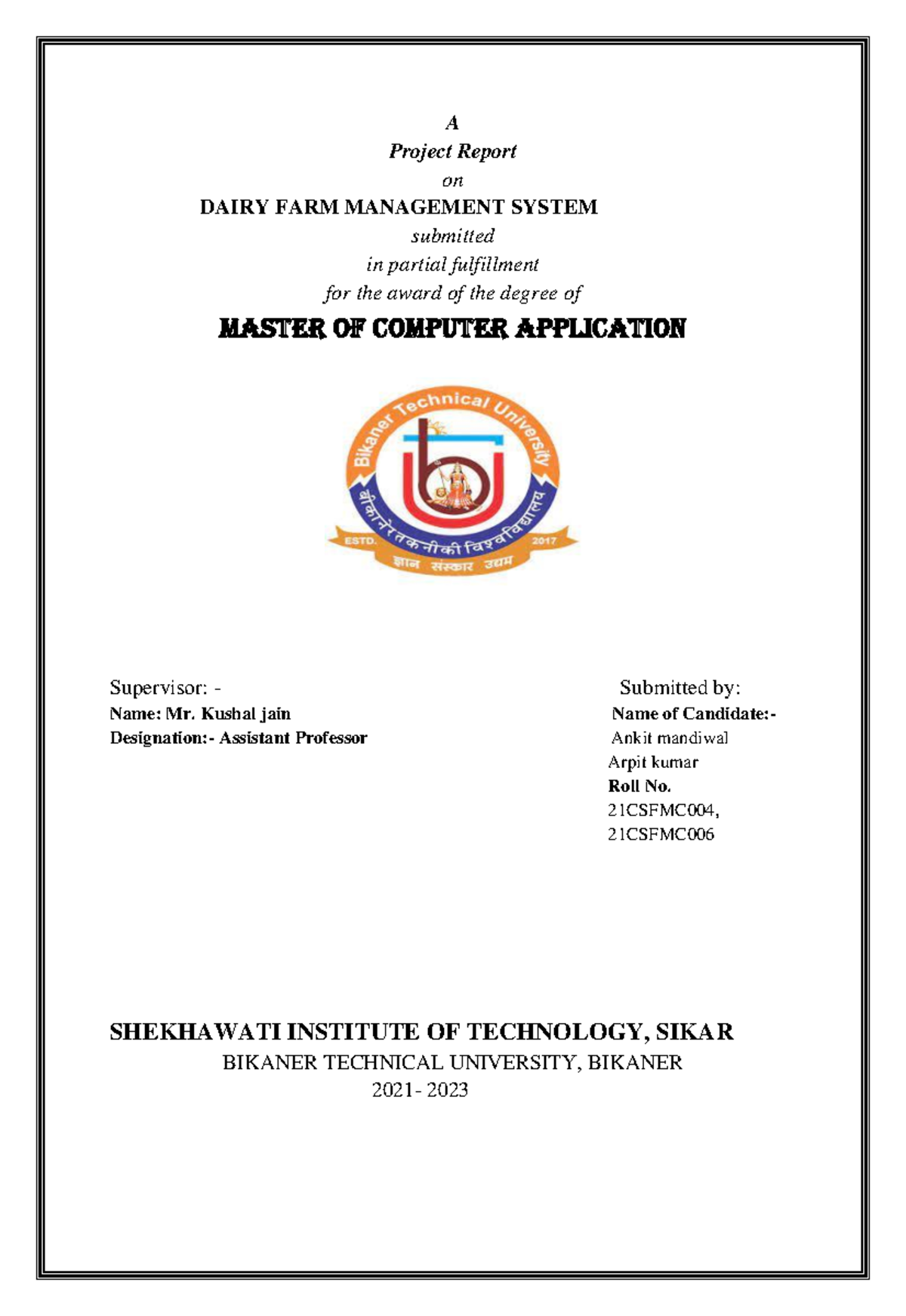 Dairy Farm Management System: MCA Project Report (2021-2023) - Studocu
