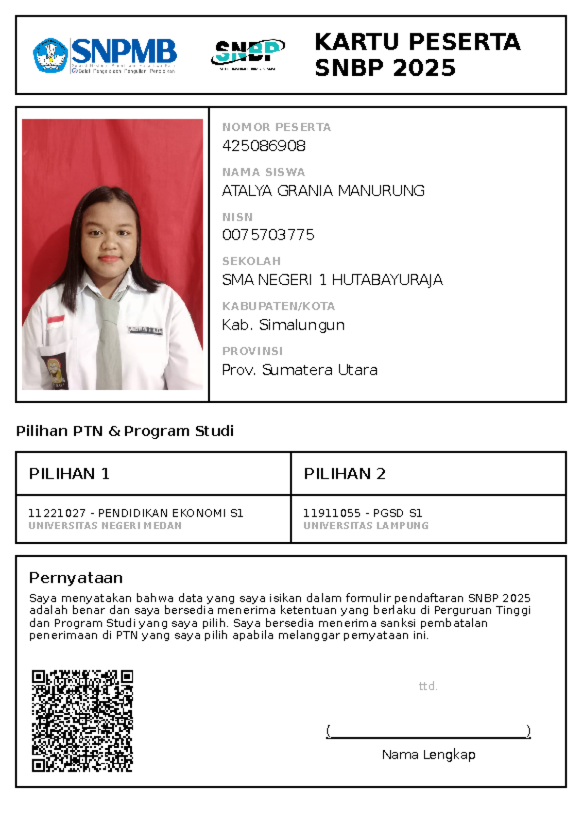 425086908 - supaya siap - KARTU PESERTA SNBP 2025 NOMOR PESERTA ...