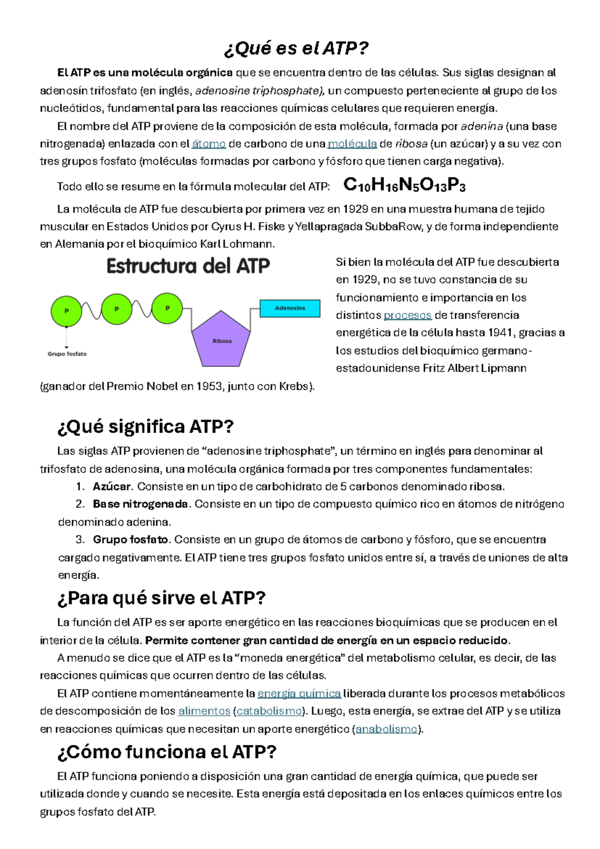 Molecula de ATP: Funciones y Procesos Metabólicos - Studocu