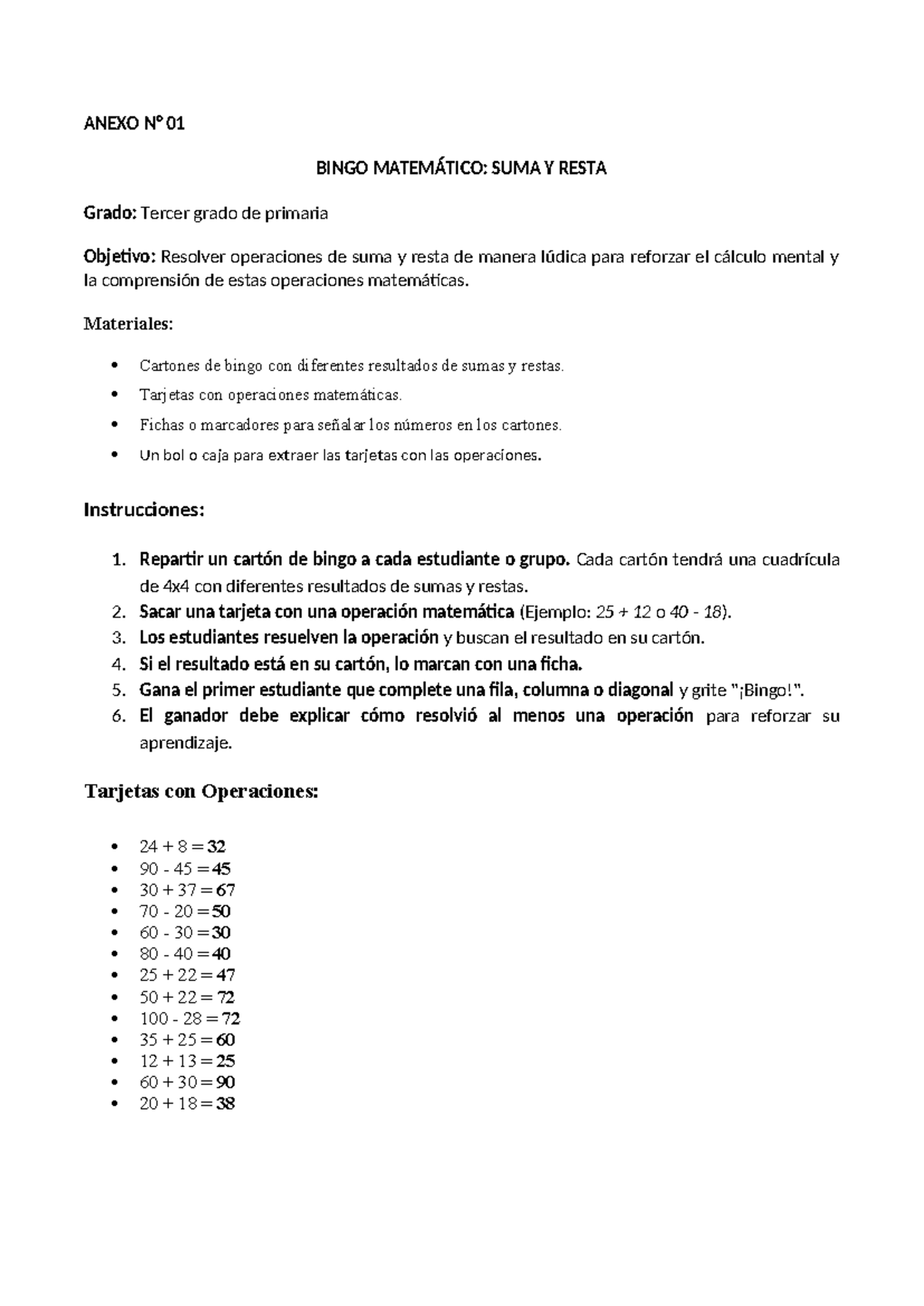 Bingo Matemático: Suma y Resta para Tercer Grado - Studocu