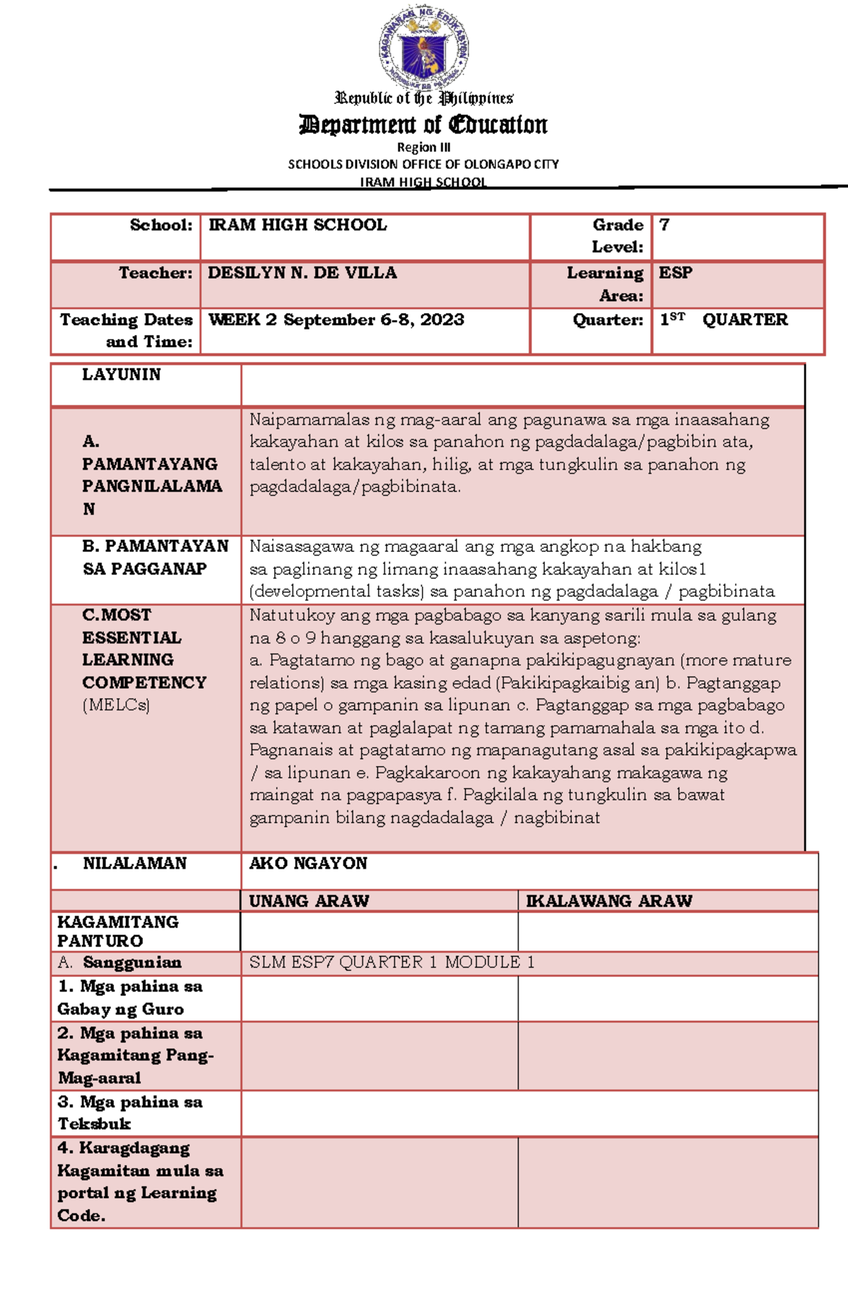 DLL G7 ESP Week 2 Lesson Plan and Activities - 1st Quarter - Studocu