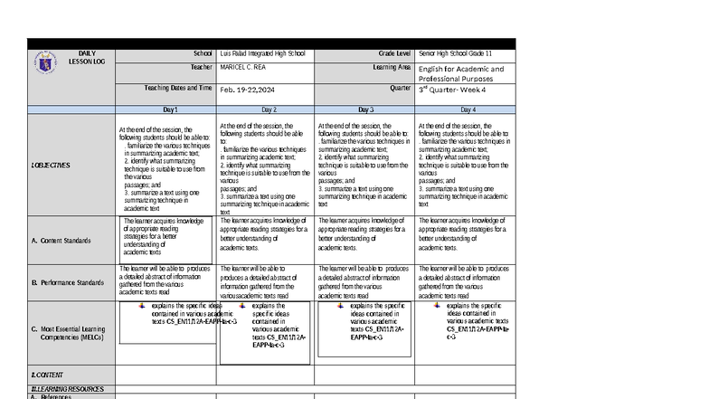 DLL Q3 EAPP Week 4 - Senior High School Lesson Plan - Studocu