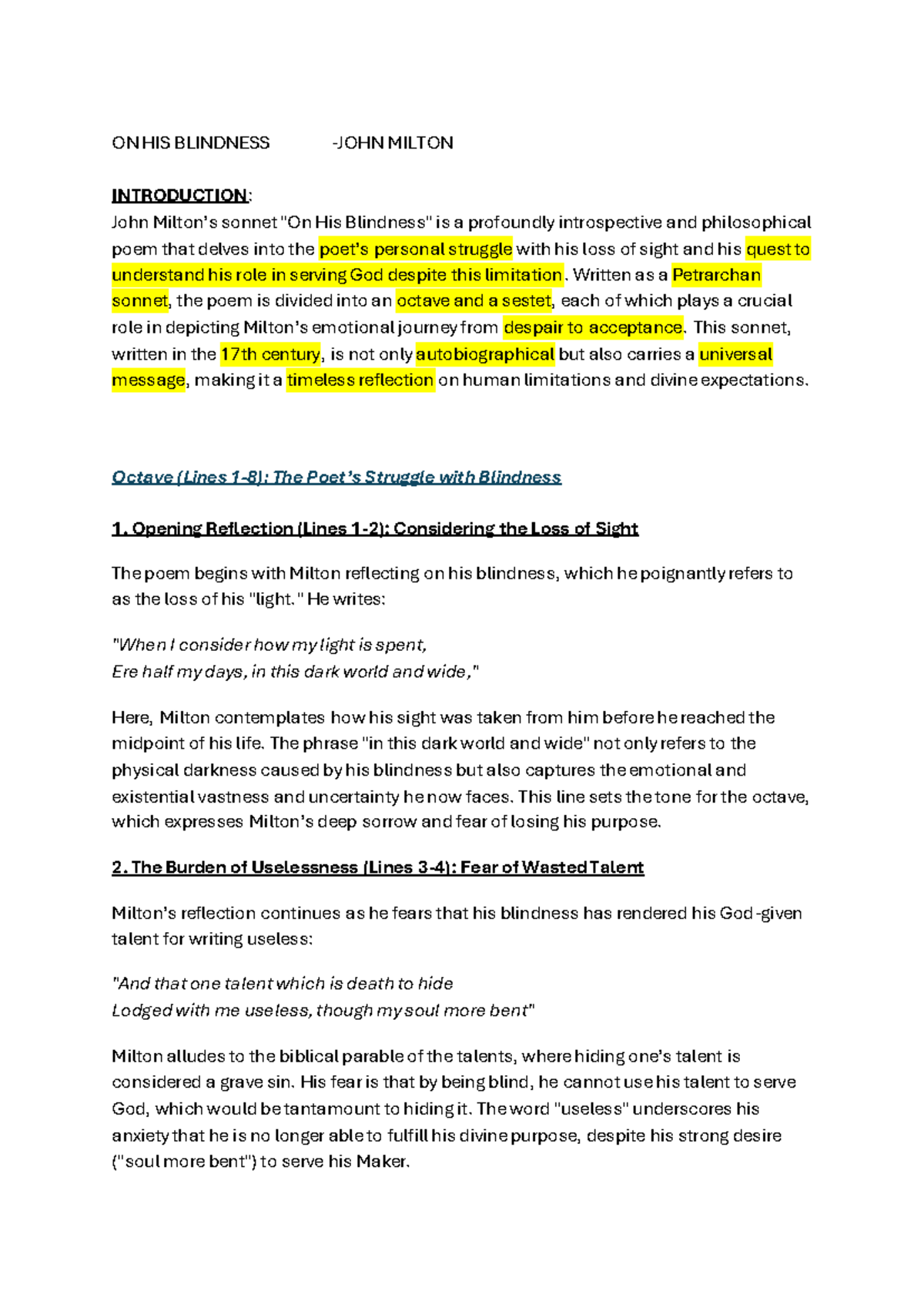On his blindness summary - ON HIS BLINDNESS - JOHN MILTON INTRODUCTION ...