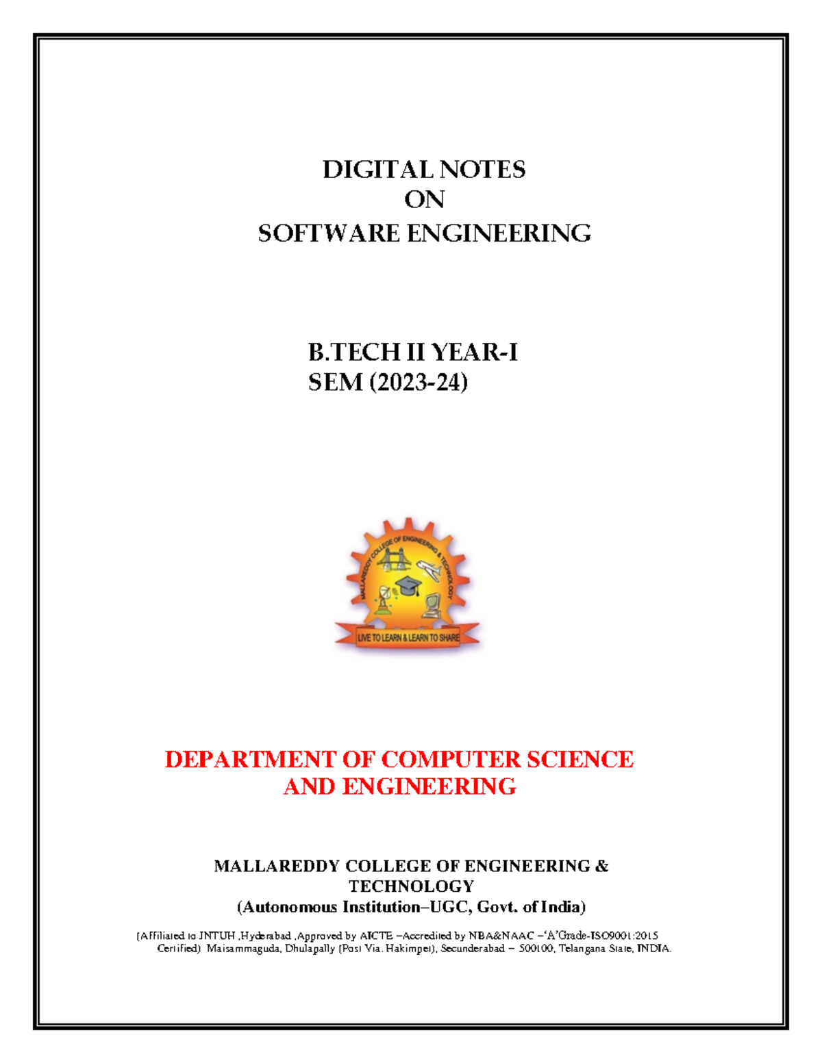 SE (R22A0505) Digital Notes - Software Engineering for B.Tech II Year I ...