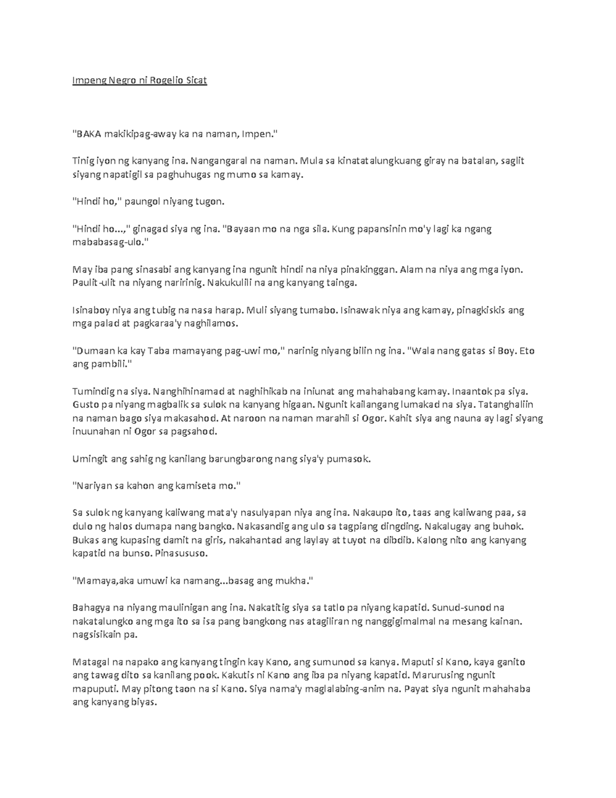 Fiction: Impeng Negro ni Rogelio Sicat - Readings and Analysis - Studocu