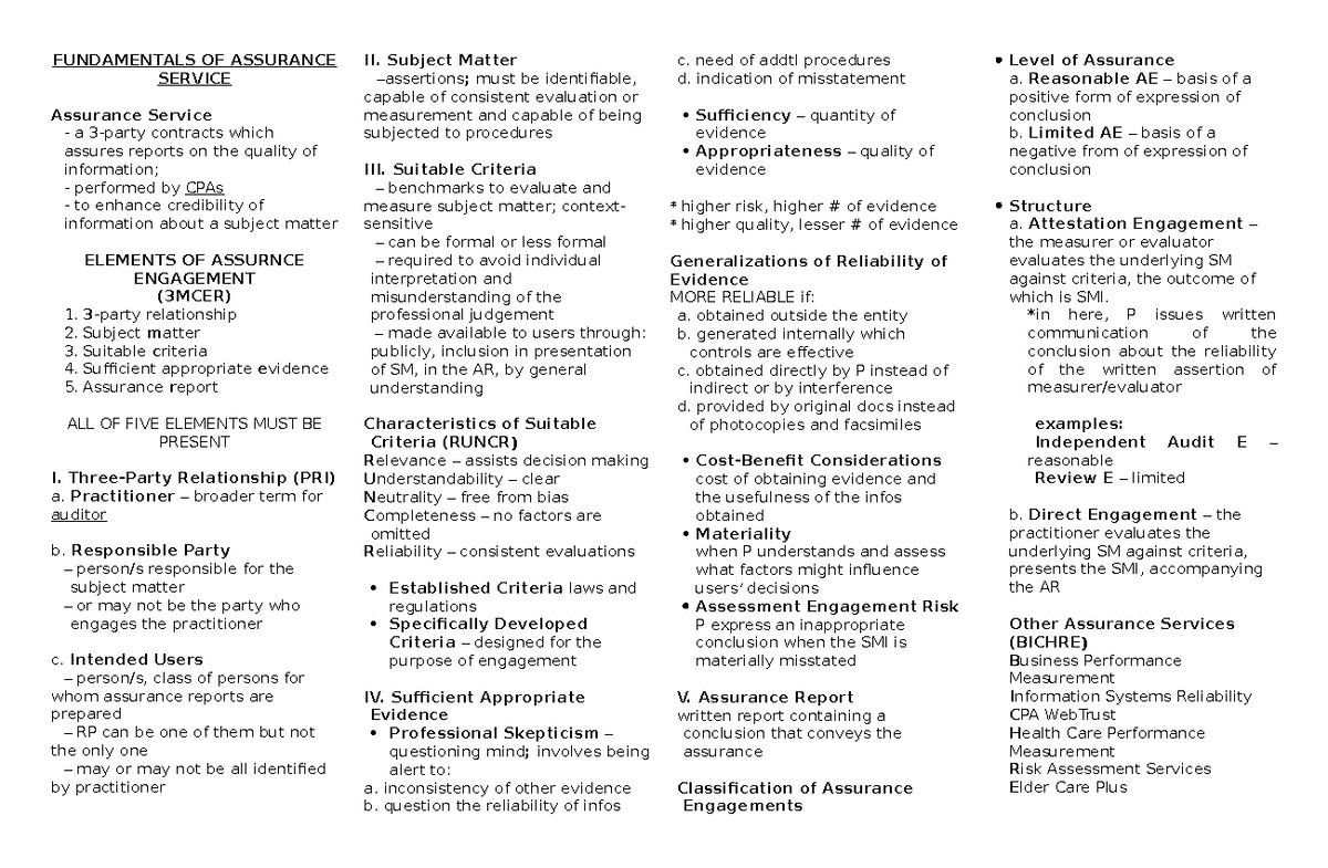 CH 1: Fundamentals of Assurance Services and Engagement (ACC 101) - Studocu