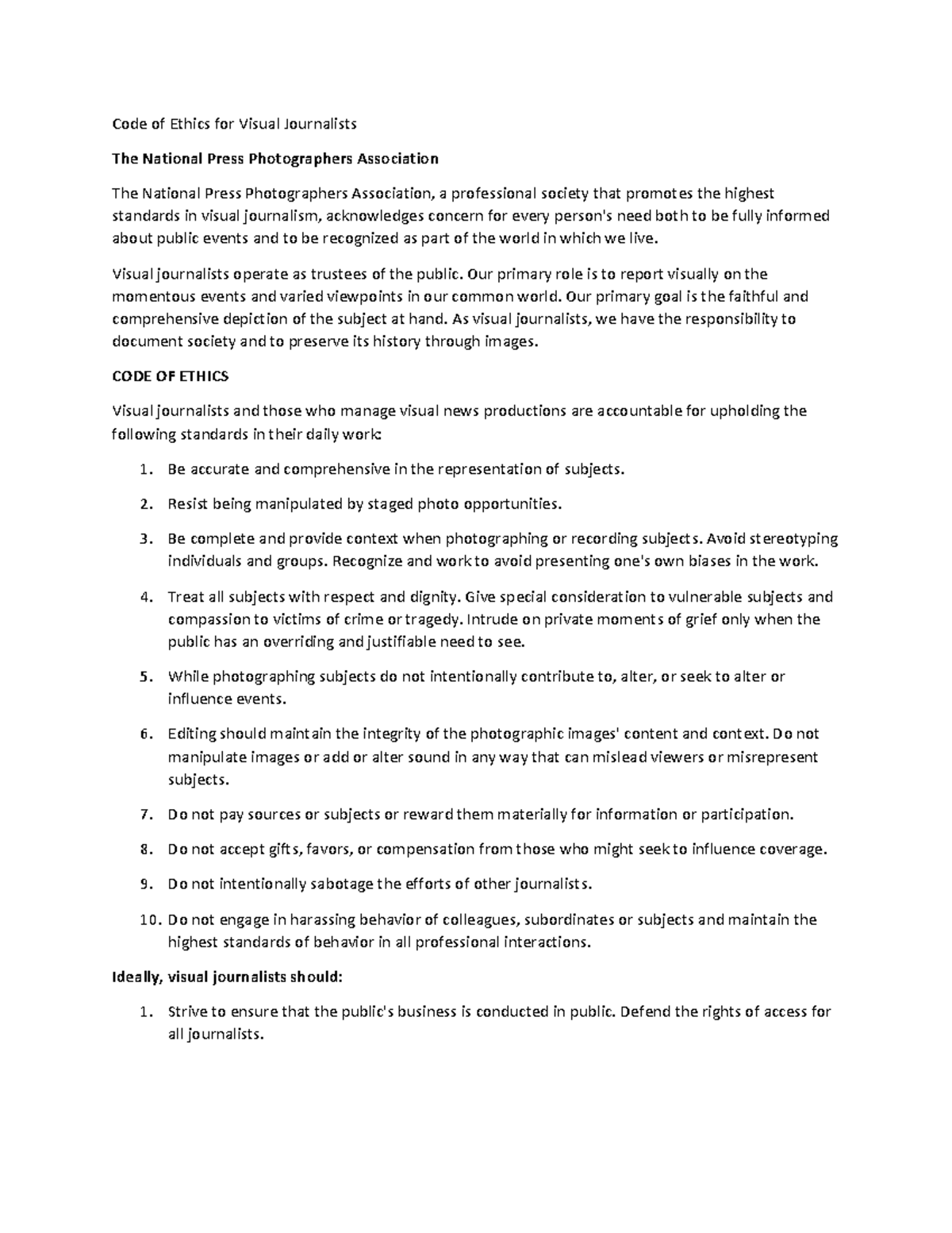 Ethics Guidelines for Visual Journalists - NPPA Standards - Studocu
