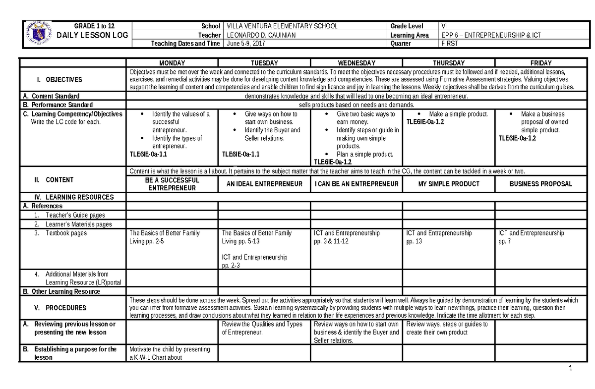EPP6-ICT Q1 W1 - Daily Lesson Log for Grade VI: Entrepreneurship - Studocu