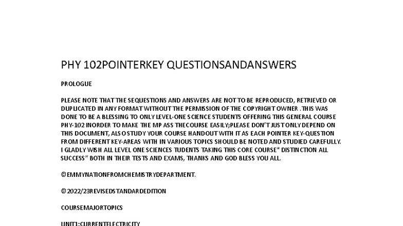 PHY 102 Pointerkey Questions and Answers Summary - Studocu