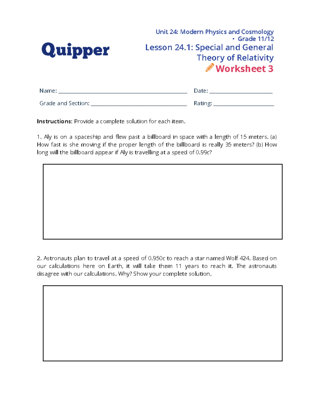 Physical Science SHS 24.1 Worksheet 1 - Unit 24: Modern Physics and ...