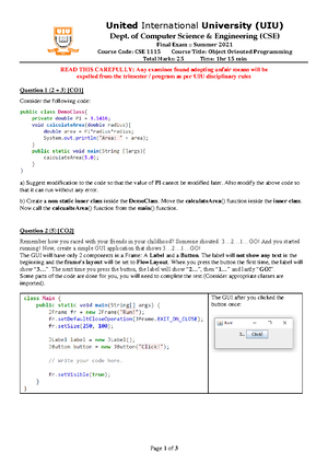 Object Oriented Programming (OOP JAVA) Mid Term Question Summer 2021 ...