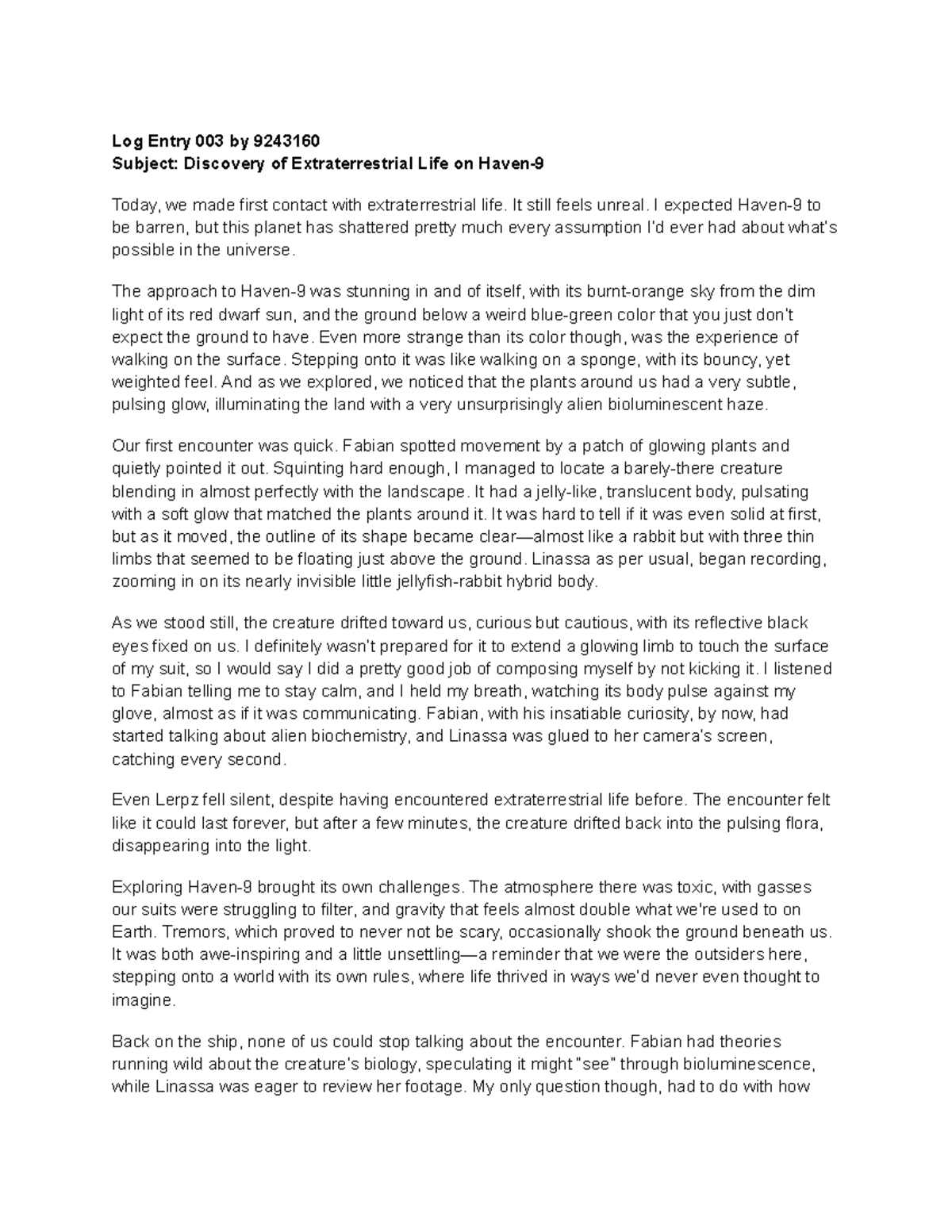 Reflection Number 3 - Log Entry 003 by 9243160 Subject: Discovery of ...