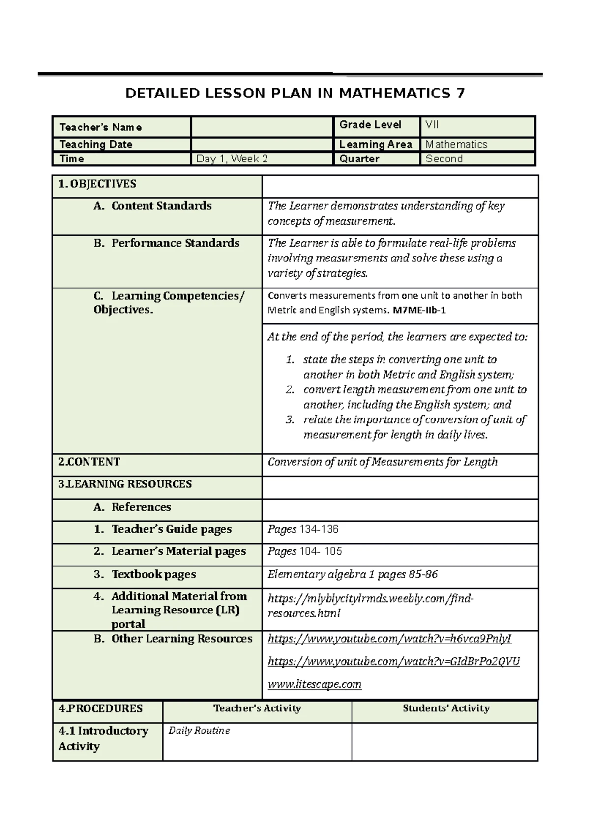 Grade-7 - lesson plan - Detailed Lesson Plan in Math (Grade 7) I. OBJECTIVES Learning ...