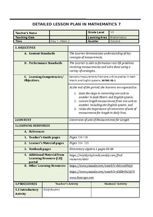Grade-7 - lesson plan - Detailed Lesson Plan in Math (Grade 7) I ...