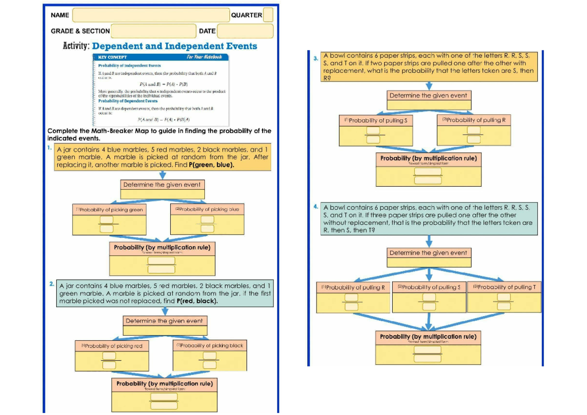 Probability Worksheet: Dependent & Independent Events (Class Activity ...