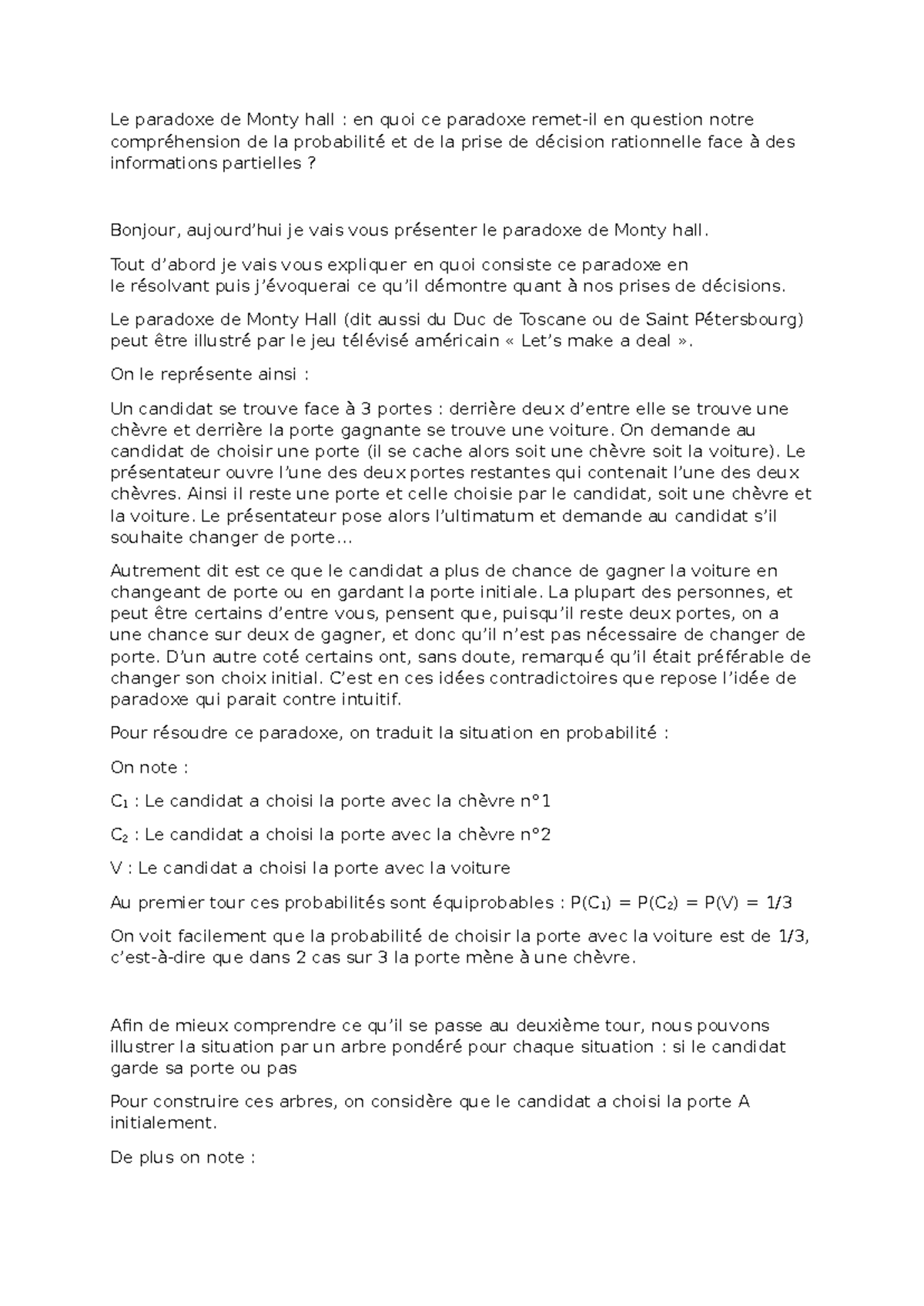 Paradoxe de Monty Hall : Analyse de la Probabilité et Décision Rationnelle - Studocu