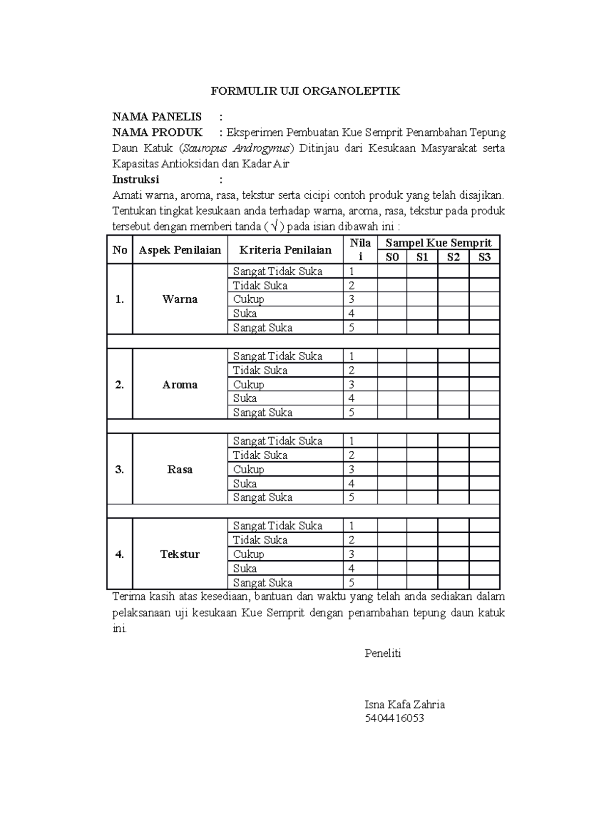 Formulir Uji Organoleptik Kue Semprit dengan Tepung Daun Katuk - Studocu