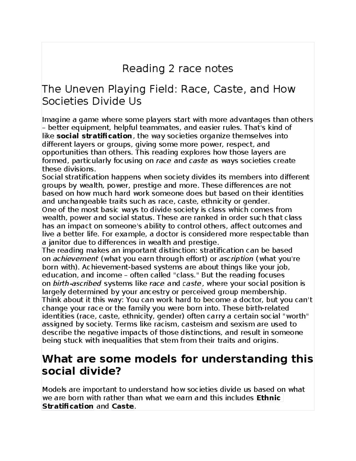 Reading 2 Race Notes: The Uneven Playing Field of Stratification - Studocu
