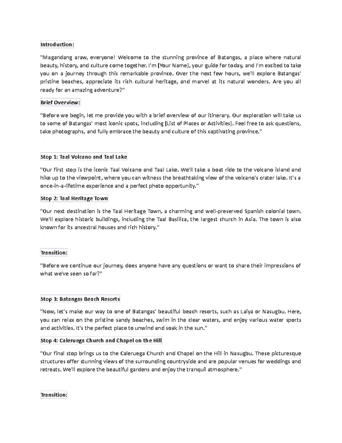 Tour Guiding Script for Batangas - Introduction: "Magandang araw ...