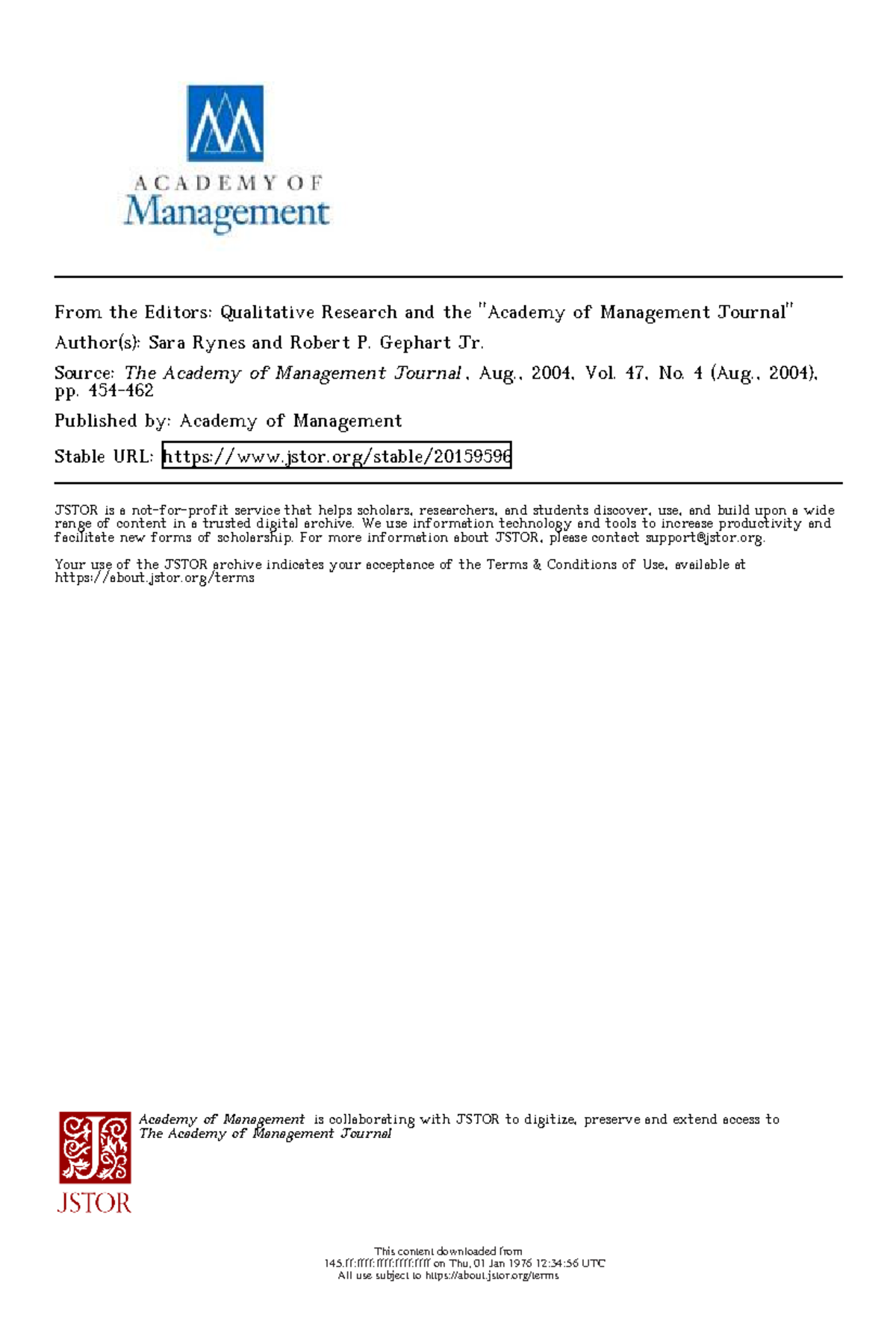 Qualitative Research Insights - Rynes & Gephart, AOM Jnl 2004 - Studocu